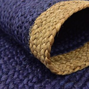 Unique Loom Braided Jute Collection Classic Quality Made Natural Hand Woven with Solid Color Detail, Area Rug, Runner 2' 6" x 6' 0", Navy Blue/Tan