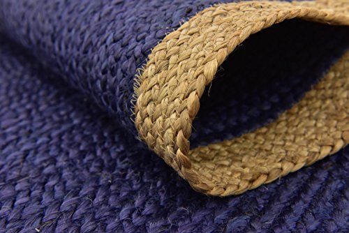 Unique Loom Braided Jute Collection Classic Quality Made Natural Hand Woven with Solid Color Detail, Area Rug, Runner 2' 6" x 6' 0", Navy Blue/Tan