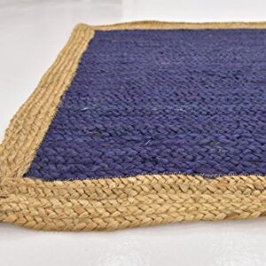 Unique Loom Braided Jute Collection Classic Quality Made Natural Hand Woven with Solid Color Detail, Area Rug, Runner 2' 6" x 6' 0", Navy Blue/Tan