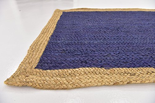 Unique Loom Braided Jute Collection Classic Quality Made Natural Hand Woven with Solid Color Detail, Area Rug, Runner 2' 6" x 6' 0", Navy Blue/Tan