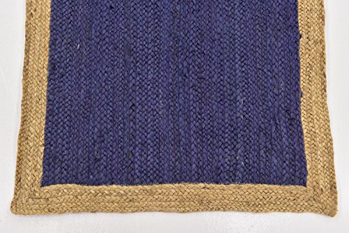 Unique Loom Braided Jute Collection Classic Quality Made Natural Hand Woven with Solid Color Detail, Area Rug, Runner 2' 6" x 6' 0", Navy Blue/Tan