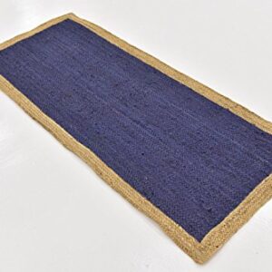 Unique Loom Braided Jute Collection Classic Quality Made Natural Hand Woven with Solid Color Detail, Area Rug, Runner 2' 6" x 6' 0", Navy Blue/Tan