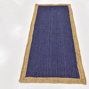 Unique Loom Braided Jute Collection Classic Quality Made Natural Hand Woven with Solid Color Detail, Area Rug, Runner 2' 6" x 6' 0", Navy Blue/Tan