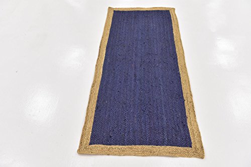 Unique Loom Braided Jute Collection Classic Quality Made Natural Hand Woven with Solid Color Detail, Area Rug, Runner 2' 6" x 6' 0", Navy Blue/Tan