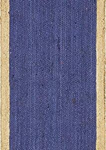 Unique Loom Braided Jute Collection Classic Quality Made Natural Hand Woven with Solid Color Detail, Area Rug, Runner 2' 6" x 6' 0", Navy Blue/Tan