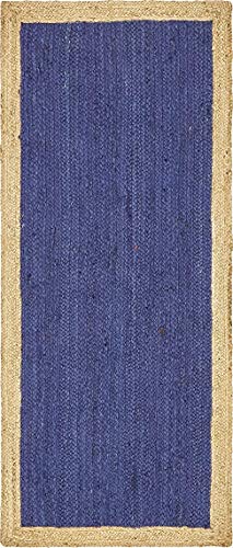 Unique Loom Braided Jute Collection Classic Quality Made Natural Hand Woven with Solid Color Detail, Area Rug, Runner 2' 6" x 6' 0", Navy Blue/Tan