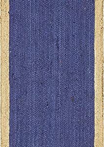 Unique Loom Braided Jute Collection Classic Quality Made Natural Hand Woven with Solid Color Detail, Area Rug, Runner 2' 6" x 6' 0", Navy Blue/Tan