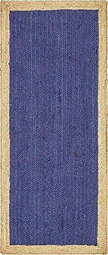 Unique Loom Braided Jute Collection Classic Quality Made Natural Hand Woven with Solid Color Detail, Area Rug, Runner 2' 6" x 6' 0", Navy Blue/Tan