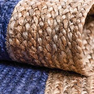 Unique Loom Braided Jute Collection Classic Quality Made Natural Hand Woven with Solid Color Detail, Area Rug, Runner 2' 6" x 6' 0", Navy Blue/Tan