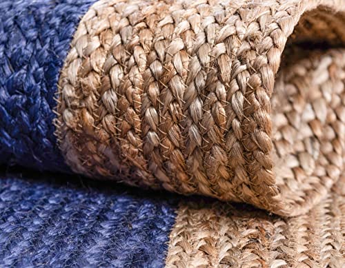 Unique Loom Braided Jute Collection Classic Quality Made Natural Hand Woven with Solid Color Detail, Area Rug, Runner 2' 6" x 6' 0", Navy Blue/Tan