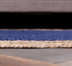 Unique Loom Braided Jute Collection Classic Quality Made Natural Hand Woven with Solid Color Detail, Area Rug, Runner 2' 6" x 6' 0", Navy Blue/Tan