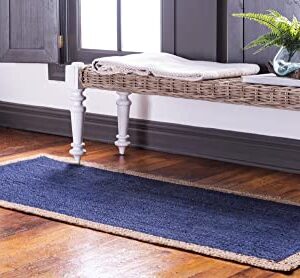 Unique Loom Braided Jute Collection Classic Quality Made Natural Hand Woven with Solid Color Detail, Area Rug, Runner 2' 6" x 6' 0", Navy Blue/Tan