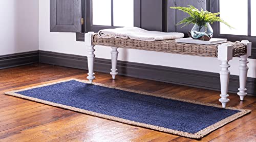 Unique Loom Braided Jute Collection Classic Quality Made Natural Hand Woven with Solid Color Detail, Area Rug, Runner 2' 6" x 6' 0", Navy Blue/Tan