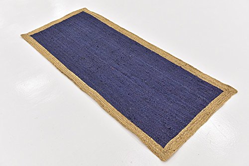 Unique Loom Braided Jute Collection Classic Quality Made Natural Hand Woven with Solid Color Detail, Area Rug, Runner 2' 6" x 6' 0", Navy Blue/Tan