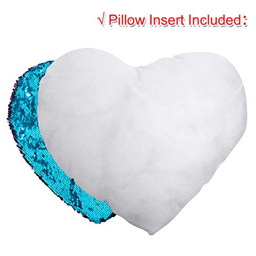 Play Tailor Sequin Heart Pillow with Insert Heart Shaped Reversible Sequins Pillows Decorative Cushion (13" X 15",Bright Green+Pink)