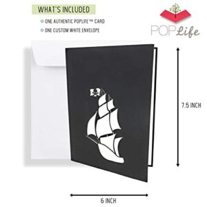 PopLife Black Pirate Ship Pop Up Card for All Occasions - Happy Birthday, Graduation, Congratulations, Retirement, Anniversary, Fathers Day - Treasure Hunters, Ocean Lovers - Folds Flat for Mailing