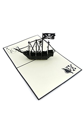 PopLife Black Pirate Ship Pop Up Card for All Occasions - Happy Birthday, Graduation, Congratulations, Retirement, Anniversary, Fathers Day - Treasure Hunters, Ocean Lovers - Folds Flat for Mailing