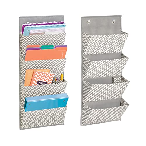 mDesign Soft Fabric Wall Mount/Over Door Hanging Storage Organizer - 4 Large Cascading Pockets - Holds Office Supplies, Planners, File Folders, Notebooks - Chevron Zig-Zag, 2 Pack - Taupe/Natural