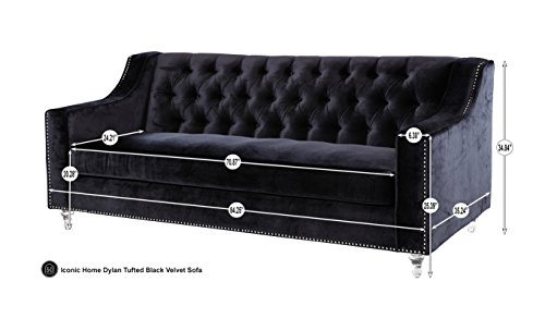 Iconic Home Black Dylan Velvet with Silver Nail head Trim Round Acrylic Feet Sofa