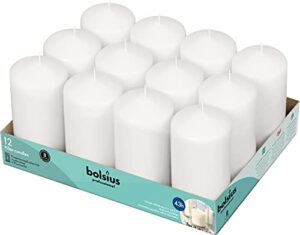 bolsius 12 white pillar candles - 2.7 x 5.1 inches unscented candle set - 43 hours - dripless clean burning smokeless dinner candle - perfect for wedding candles, parties and special occasions