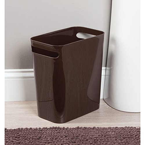 InterDesign Una Rectangular Trash Can with Handles, Waste Basket Garbage Can for Bathroom, Bedroom, Home Office, Dorm, College, 12-Inch, Dark Brown