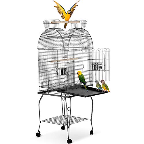 IKAYAA Large Bird Cage, Bird Cage for Parakeets, Cockatiel Cage, Parrot Cage, Medium Dome Open Top Bird Cage for Parrots, with Stainless Steel Bowl & Lockable Wheels