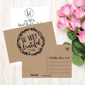 50 4x6 Rustic Kraft Thank You Postcards Bulk, Cute Matte Floral Thank You Note Card Stationery Set For Wedding, Bridesmaid, Bridal or Baby Shower, Teachers, Appreciation, Religious, Business, Holidays