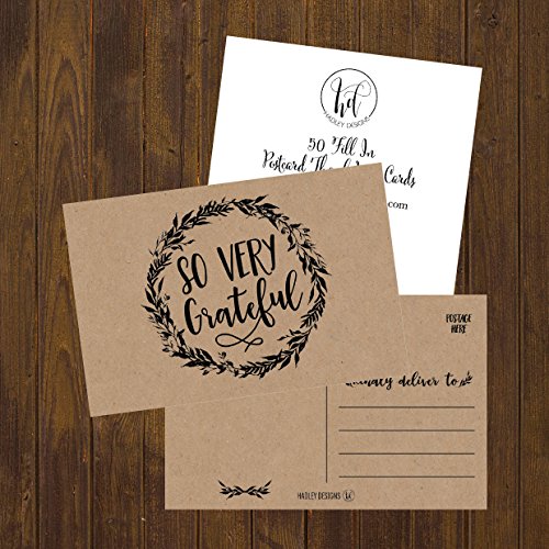 50 4x6 Rustic Kraft Thank You Postcards Bulk, Cute Matte Floral Thank You Note Card Stationery Set For Wedding, Bridesmaid, Bridal or Baby Shower, Teachers, Appreciation, Religious, Business, Holidays