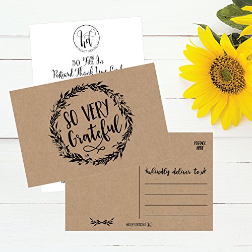 50 4x6 Rustic Kraft Thank You Postcards Bulk, Cute Matte Floral Thank You Note Card Stationery Set For Wedding, Bridesmaid, Bridal or Baby Shower, Teachers, Appreciation, Religious, Business, Holidays