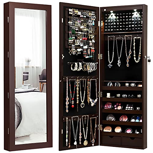 Giantex Wall/Door Mounted Jewelry Armoire Organizer with 2 LED Lights, Lockable Height Adjustable Jewelry Cabinet with Full Length Mirror, Large Capacity Dressing Makeup Jewelry Mirror Storage (Brown)