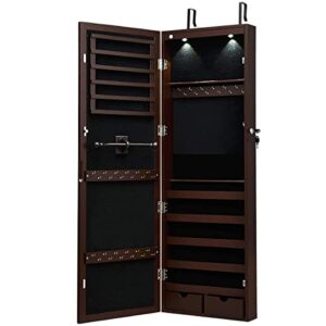 Giantex Wall/Door Mounted Jewelry Armoire Organizer with 2 LED Lights, Lockable Height Adjustable Jewelry Cabinet with Full Length Mirror, Large Capacity Dressing Makeup Jewelry Mirror Storage (Brown)