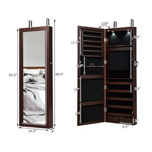 Giantex Wall/Door Mounted Jewelry Armoire Organizer with 2 LED Lights, Lockable Height Adjustable Jewelry Cabinet with Full Length Mirror, Large Capacity Dressing Makeup Jewelry Mirror Storage (Brown)