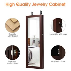 Giantex Wall/Door Mounted Jewelry Armoire Organizer with 2 LED Lights, Lockable Height Adjustable Jewelry Cabinet with Full Length Mirror, Large Capacity Dressing Makeup Jewelry Mirror Storage (Brown)