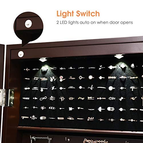 Giantex Wall/Door Mounted Jewelry Armoire Organizer with 2 LED Lights, Lockable Height Adjustable Jewelry Cabinet with Full Length Mirror, Large Capacity Dressing Makeup Jewelry Mirror Storage (Brown)