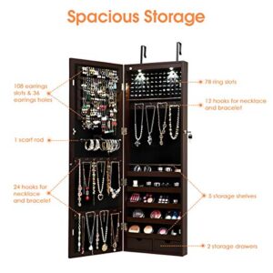 Giantex Wall/Door Mounted Jewelry Armoire Organizer with 2 LED Lights, Lockable Height Adjustable Jewelry Cabinet with Full Length Mirror, Large Capacity Dressing Makeup Jewelry Mirror Storage (Brown)