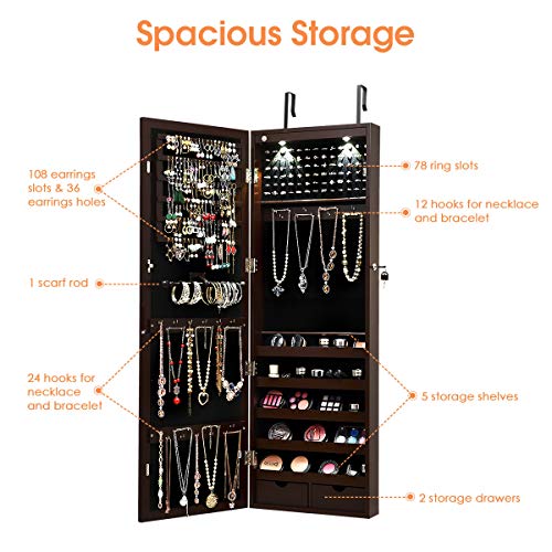 Giantex Wall/Door Mounted Jewelry Armoire Organizer with 2 LED Lights, Lockable Height Adjustable Jewelry Cabinet with Full Length Mirror, Large Capacity Dressing Makeup Jewelry Mirror Storage (Brown)