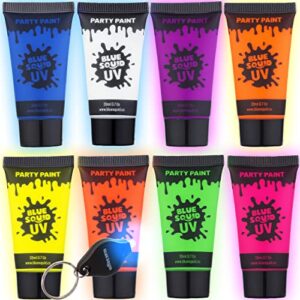 uv face & body paint set - blue squid, 8 liquid uv body paints (8 large 0.68 fl oz) +free bonus mini ultraviolet flashlight - glow in the dark neon face & body paint - black light reactive neon paints