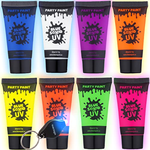 UV Face & Body Paint Set - Blue Squid, 8 Liquid UV Body Paints (8 Large 0.68 fl oz) +FREE BONUS Mini Ultraviolet Flashlight - Glow in The Dark Neon Face & Body Paint - Black Light Reactive Neon Paints