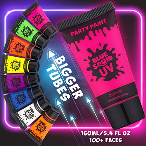 UV Face & Body Paint Set - Blue Squid, 8 Liquid UV Body Paints (8 Large 0.68 fl oz) +FREE BONUS Mini Ultraviolet Flashlight - Glow in The Dark Neon Face & Body Paint - Black Light Reactive Neon Paints