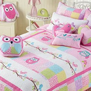 Cozy Line Home Fashions Cute Owl Pink Blue Green Embroidery 100% Cotton Reversible Girl Bedding Quilt Set, Coverlet, Bedspreads (Pink Owl, Twin - 2 Piece)