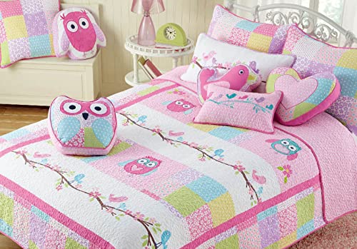 Cozy Line Home Fashions Cute Owl Pink Blue Green Embroidery 100% Cotton Reversible Girl Bedding Quilt Set, Coverlet, Bedspreads (Pink Owl, Twin - 2 Piece)