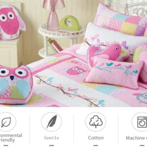 Cozy Line Home Fashions Cute Owl Pink Blue Green Embroidery 100% Cotton Reversible Girl Bedding Quilt Set, Coverlet, Bedspreads (Pink Owl, Twin - 2 Piece)