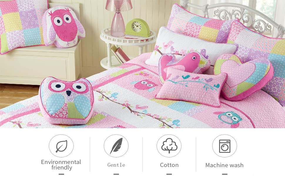 Cozy Line Home Fashions Cute Owl Pink Blue Green Embroidery 100% Cotton Reversible Girl Bedding Quilt Set, Coverlet, Bedspreads (Pink Owl, Twin - 2 Piece)