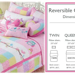 Cozy Line Home Fashions Cute Owl Pink Blue Green Embroidery 100% Cotton Reversible Girl Bedding Quilt Set, Coverlet, Bedspreads (Pink Owl, Twin - 2 Piece)