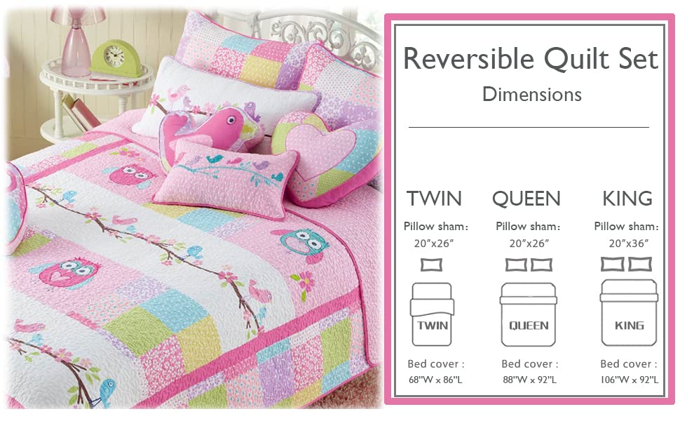 Cozy Line Home Fashions Cute Owl Pink Blue Green Embroidery 100% Cotton Reversible Girl Bedding Quilt Set, Coverlet, Bedspreads (Pink Owl, Twin - 2 Piece)