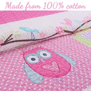 Cozy Line Home Fashions Cute Owl Pink Blue Green Embroidery 100% Cotton Reversible Girl Bedding Quilt Set, Coverlet, Bedspreads (Pink Owl, Twin - 2 Piece)