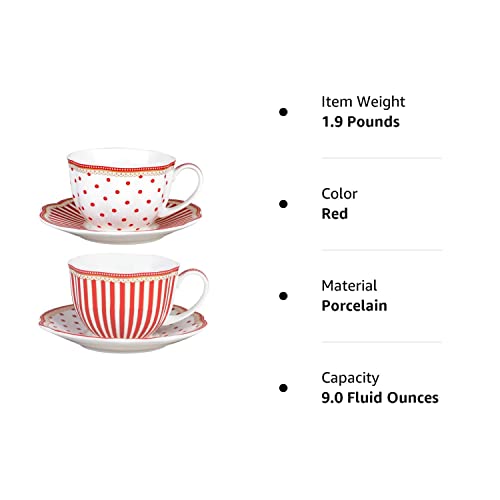 Grace Teaware Red Dot Stripes Scallop 9-Ounce Porcelain Tea/Coffee Cup and Saucer, Set of 2 (G1960264RD-2)