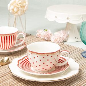 Grace Teaware Red Dot Stripes Scallop 9-Ounce Porcelain Tea/Coffee Cup and Saucer, Set of 2 (G1960264RD-2)