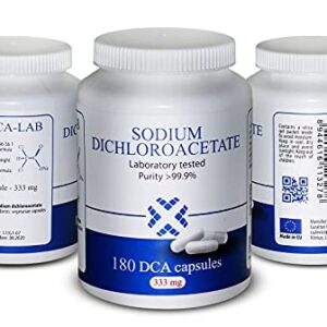 DCA - Sodium Dichloroacetate 333mg - Purity >99.9%, Made in Europe, by DCA-LAB, Certificate of Analysis Included, Tested in a Certified Laboratory, 180 Capsules