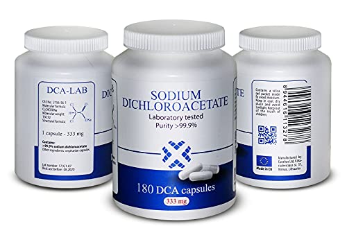 DCA - Sodium Dichloroacetate 333mg - Purity >99.9%, Made in Europe, by DCA-LAB, Certificate of Analysis Included, Tested in a Certified Laboratory, 180 Capsules